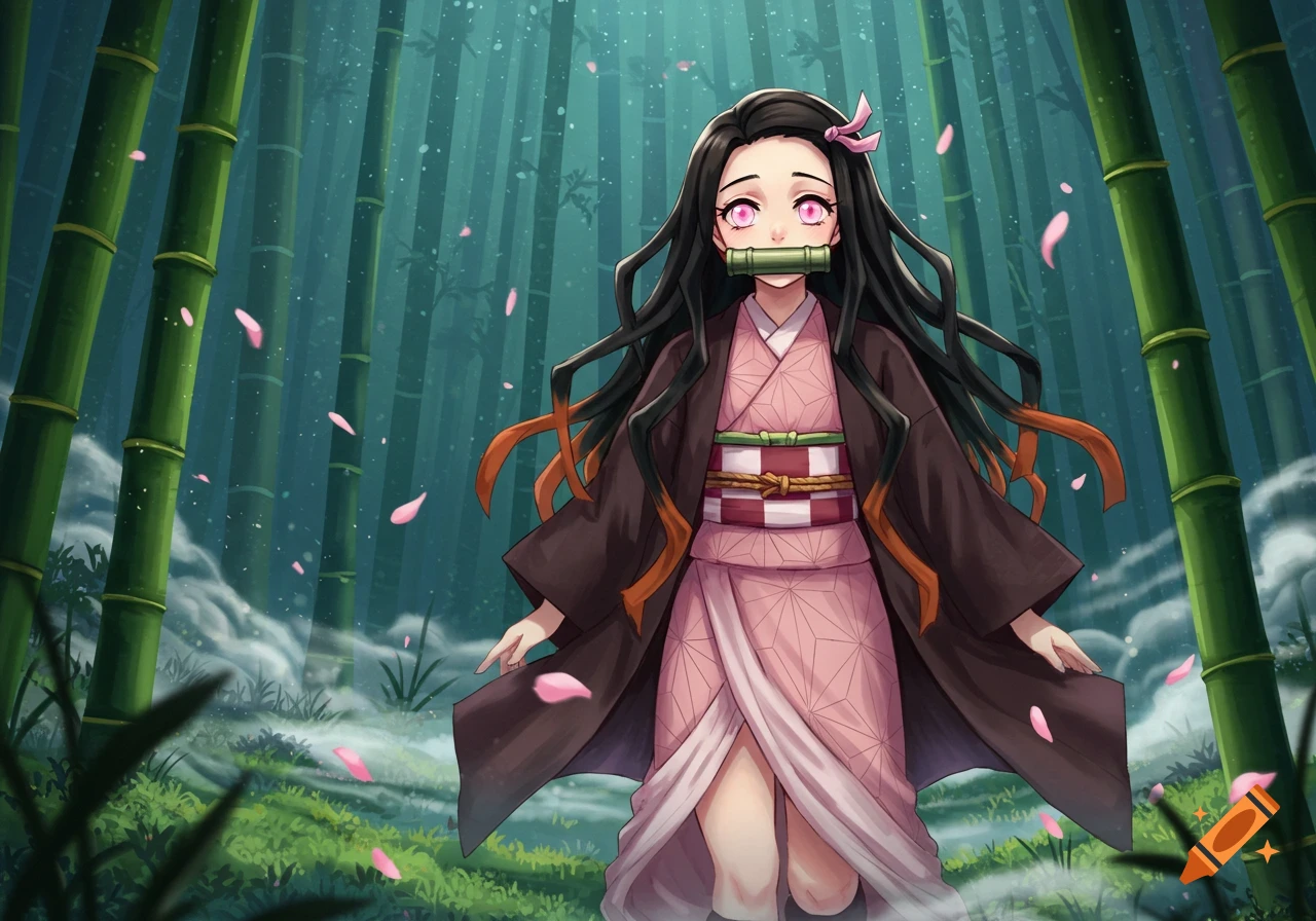 Nezuko Kamado from Demon Slayer standing in a mystical bamboo forest ...