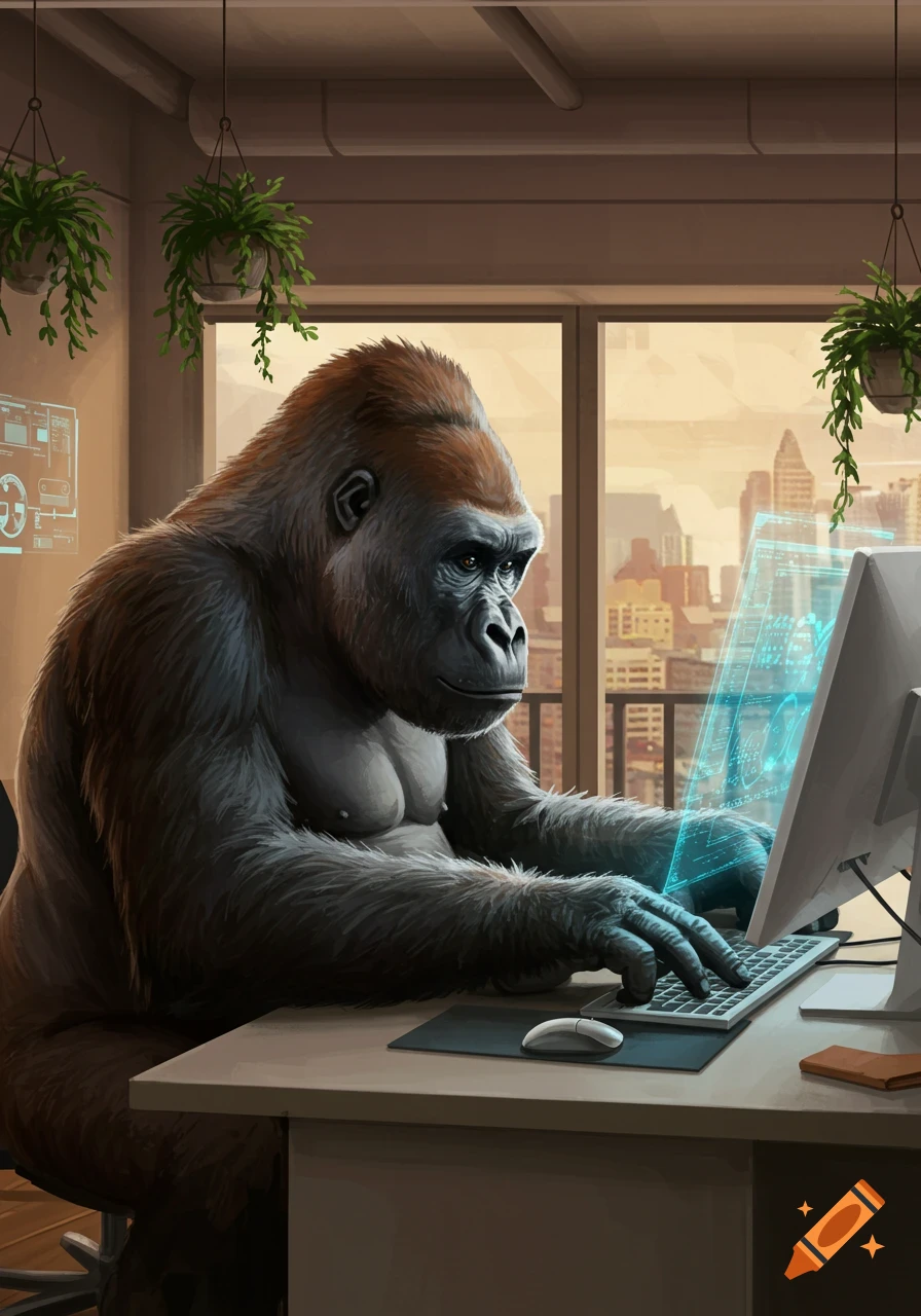 Monkey typing on holographic keyboard in futuristic computer lab on Craiyon