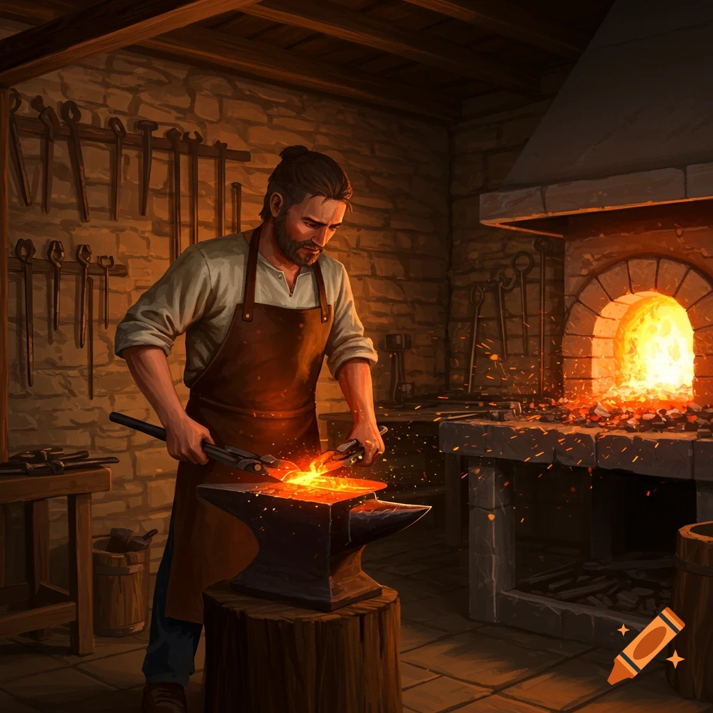 A man forges metal on an anvil in a detailed blacksmith's forge. on Craiyon