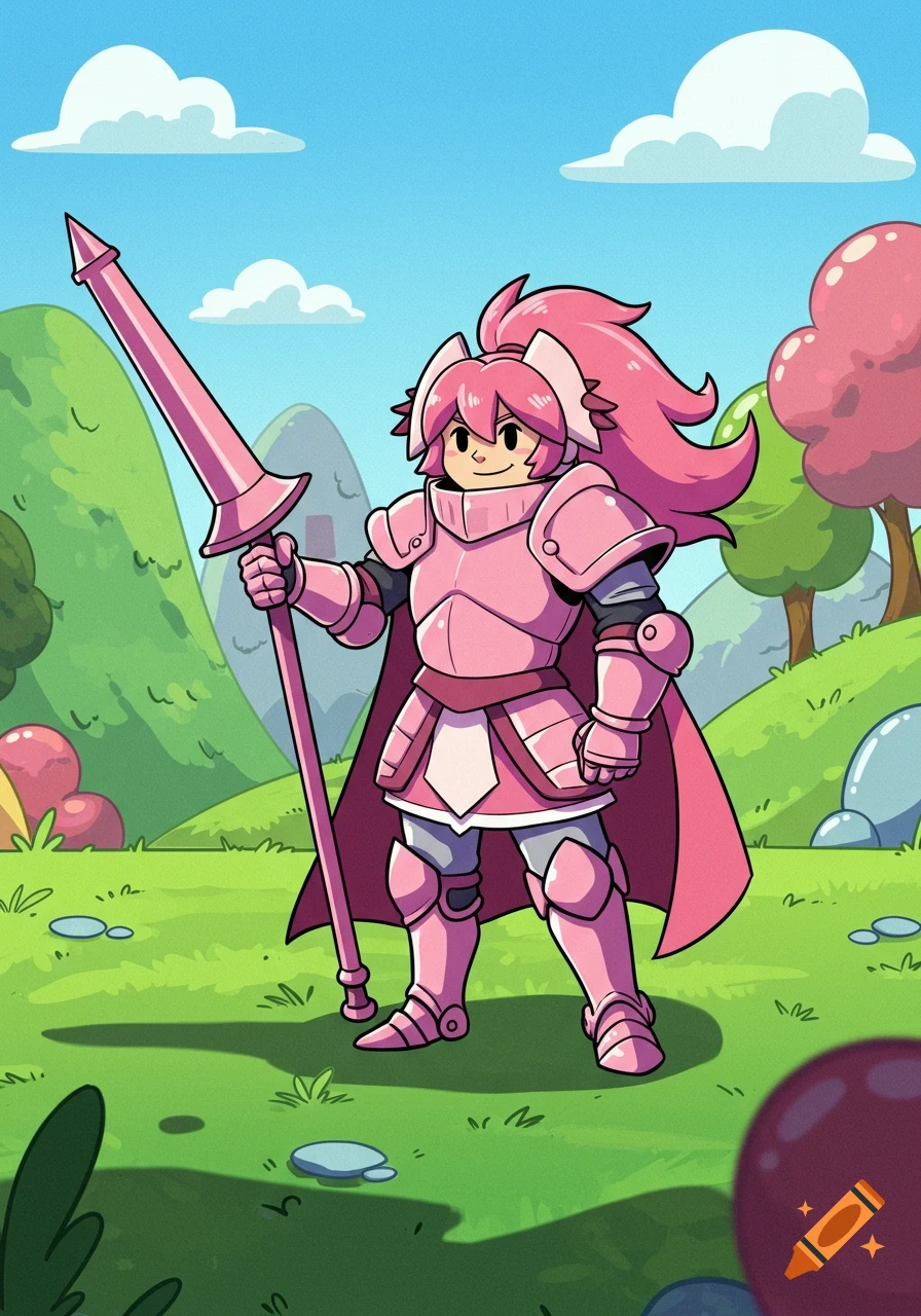 A cartoon knight in pink armor holding a spear stands in a green, hilly ...