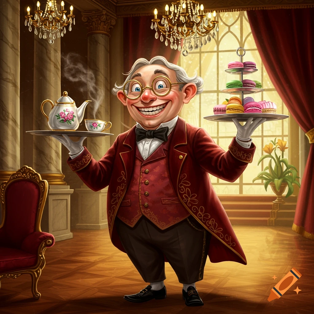 A goofy fantasy butler in a red coat holding a tray with a teapot and a ...