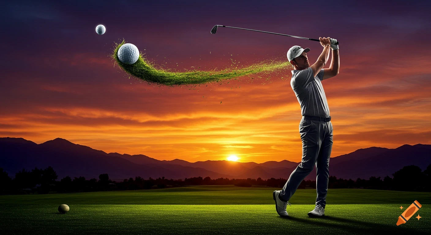A golfer in mid-swing follow-through against a dramatic sunset, with a ...