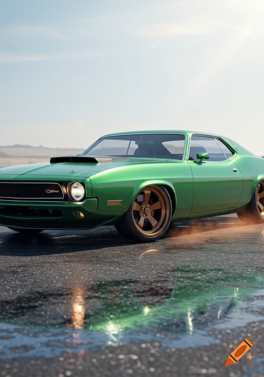 A shiny green vintage muscle car with bronze wheels on a wet road under ...