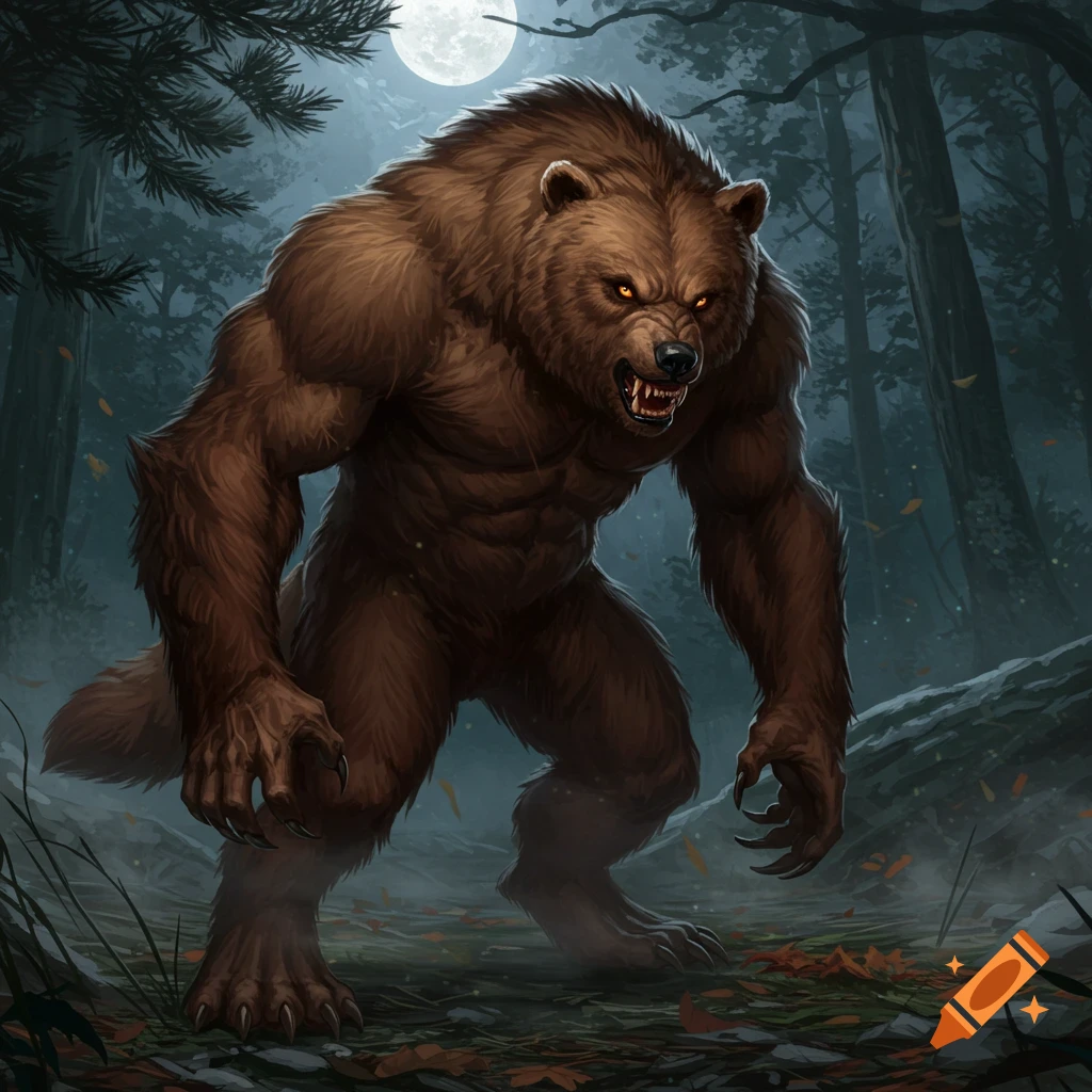 A fearsome, muscular, brown werebear with glowing orange eyes and sharp claws stands in a dark ...