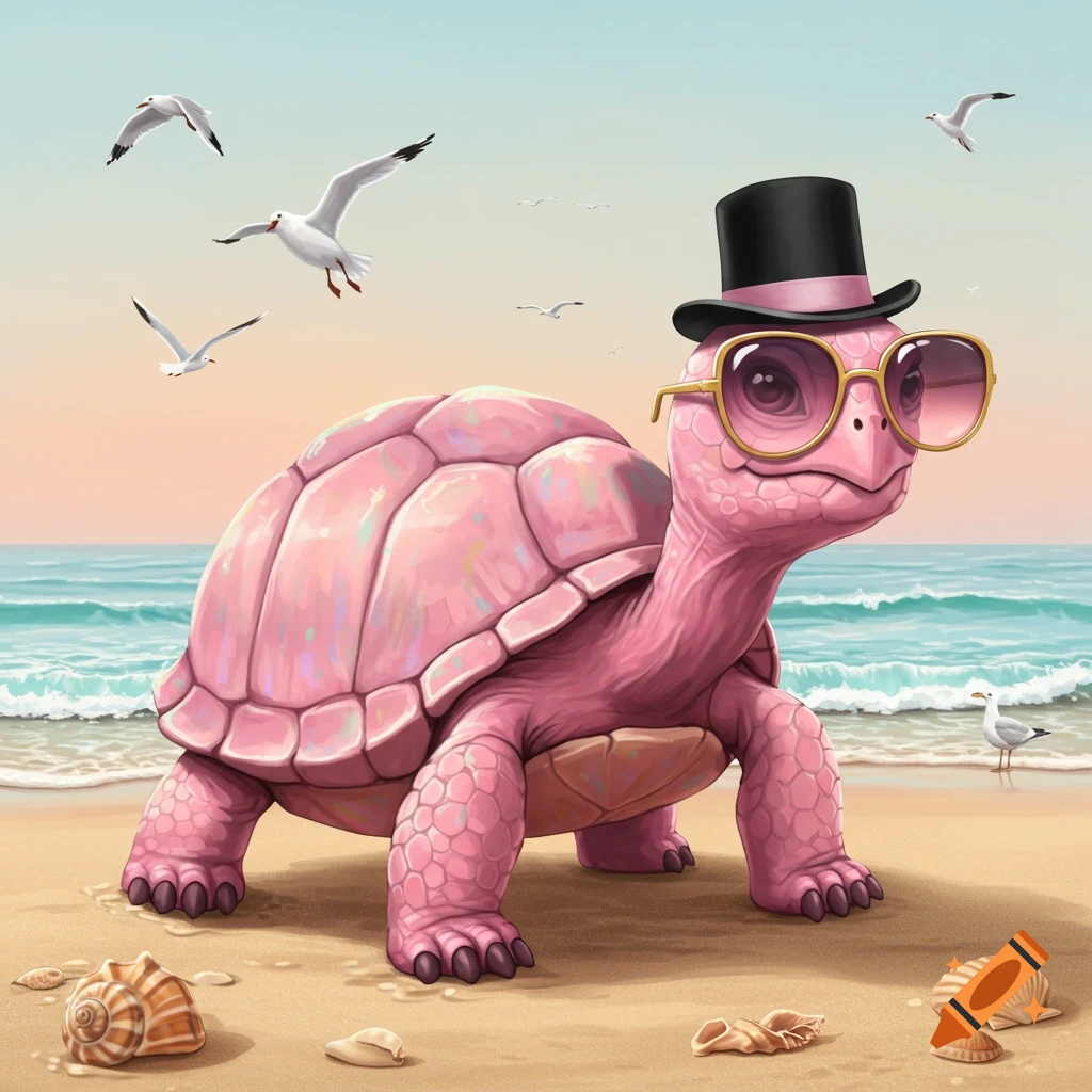 A cute purple cartoon turtle stands on a sandy beach, holding a green ...