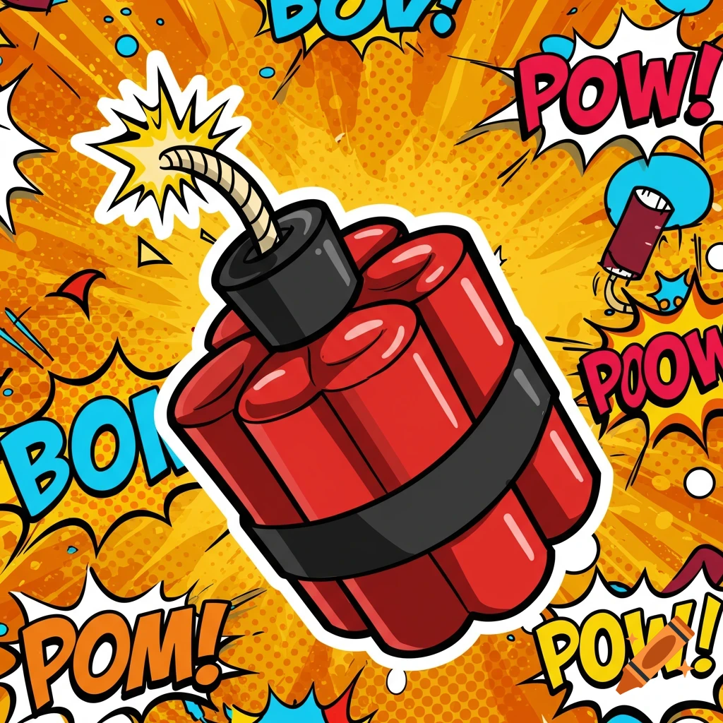 Cartoon dynamite stick with lit fuse on a yellow comic book background ...