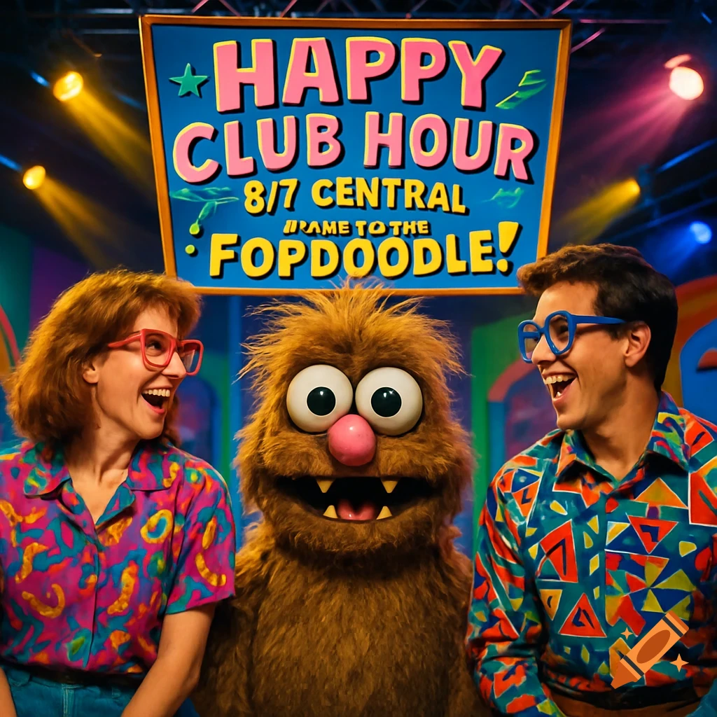 Two smiling hosts and a brown furry monster puppet on a stage with a ...