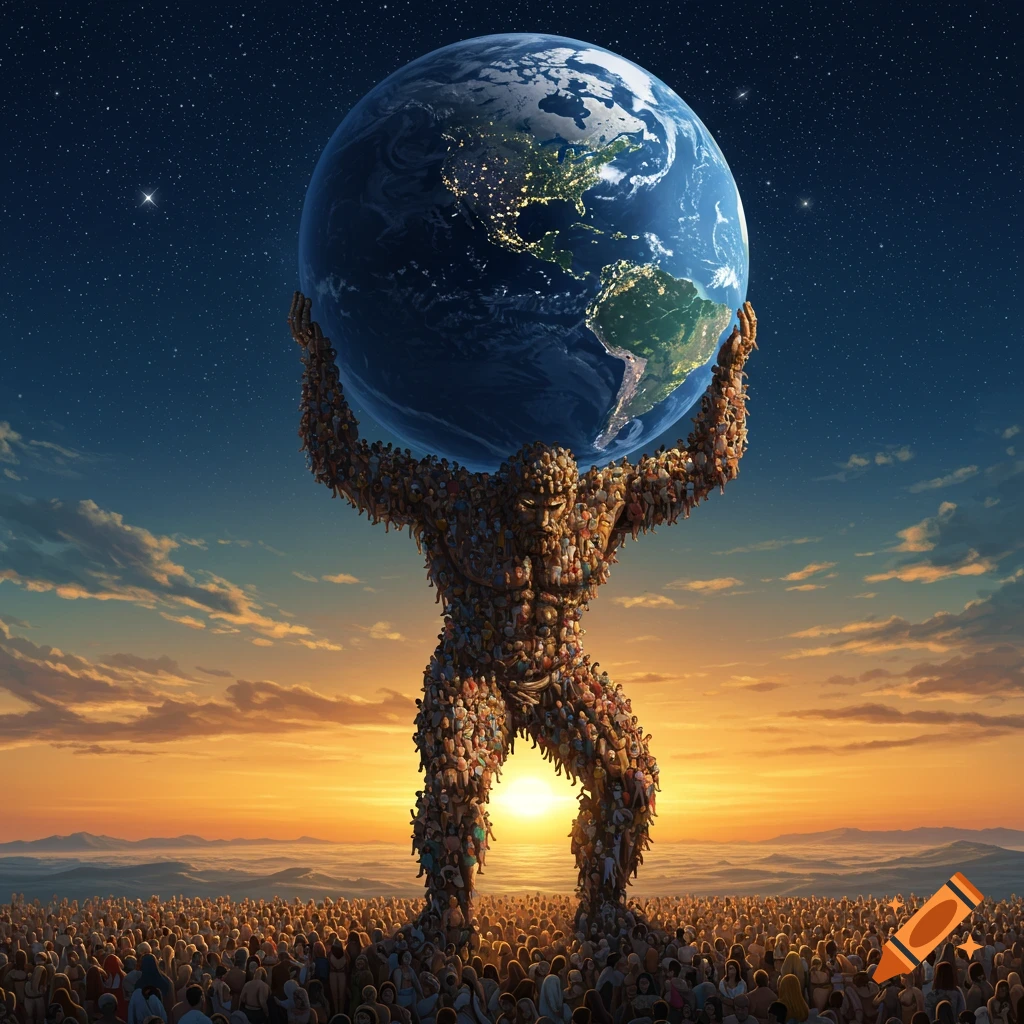 A man holds a glowing blue Earth in his hands, standing in a desolate ...