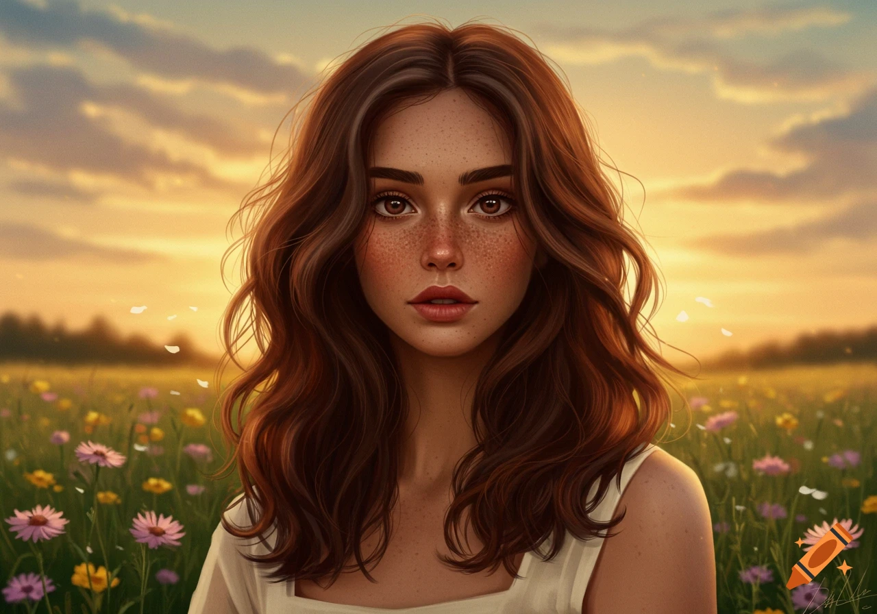 Digital painting of a young woman with dark skin and long black hair in a sunny field of ...