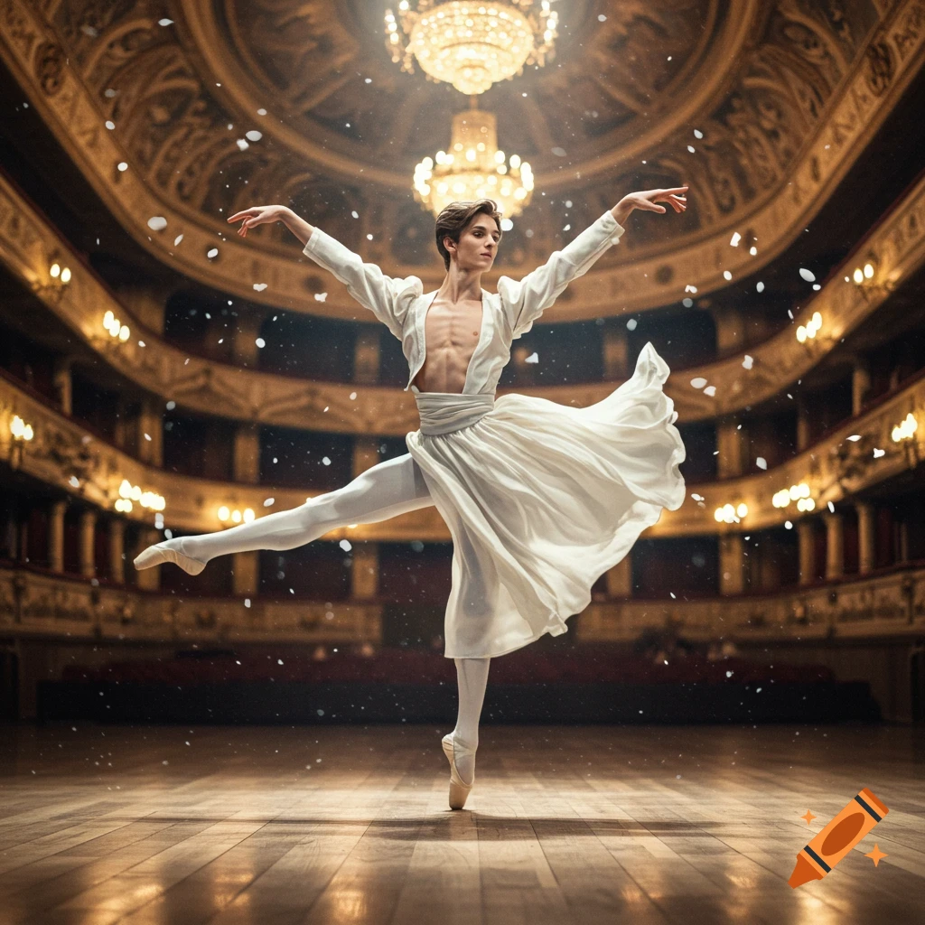 A male dancer in a dynamic pose, wearing flowing red pants, on a stage ...