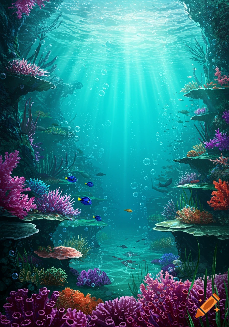 Vibrant underwater scene with colorful coral reefs, swimming fish, and ...