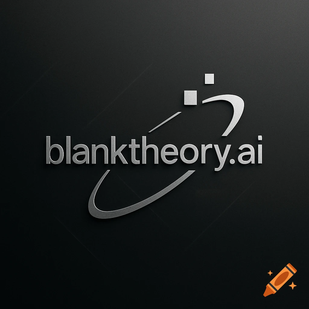 A sleek, metallic silver logo for 'blanktheory.ai' on a dark, textured ...