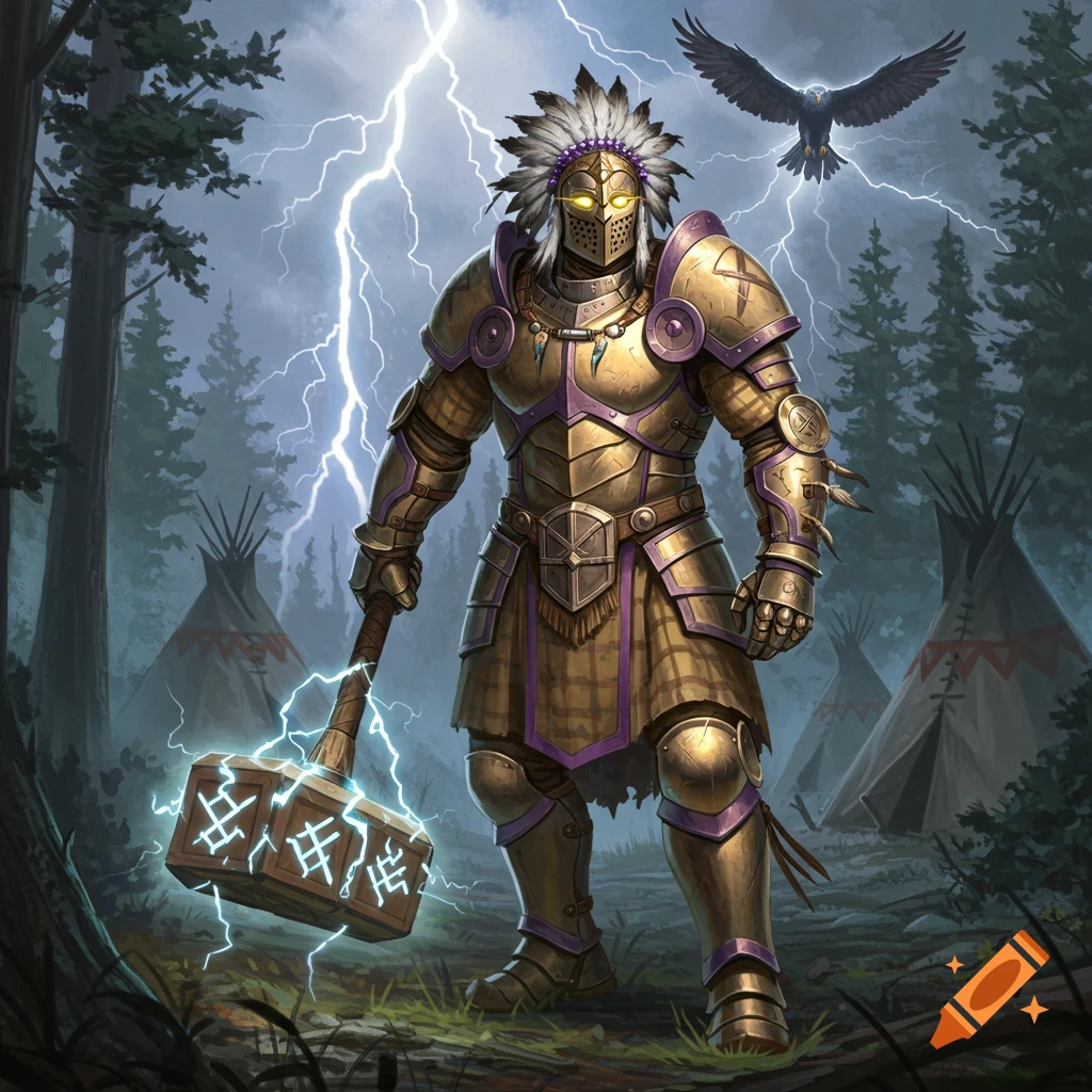 A fantasy knight in golden armor with a feathered war bonnet, holding a ...