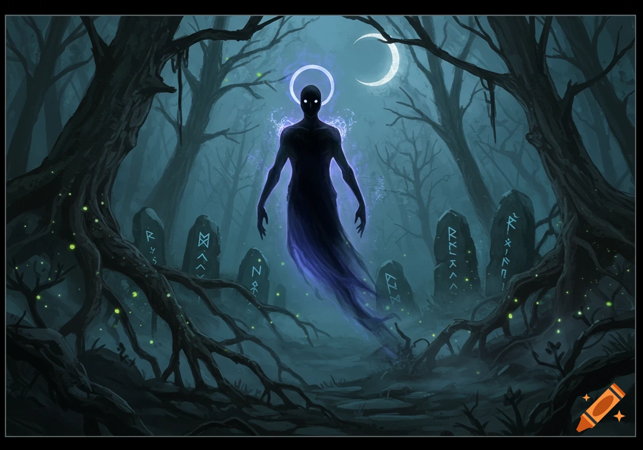 A dark, shadowy entity with glowing eyes walks through a misty, moonlit ...