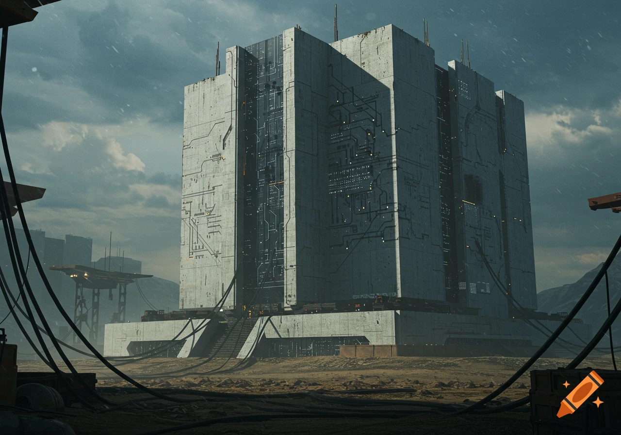 A large, imposing brutalist computing core building in a desolate ...