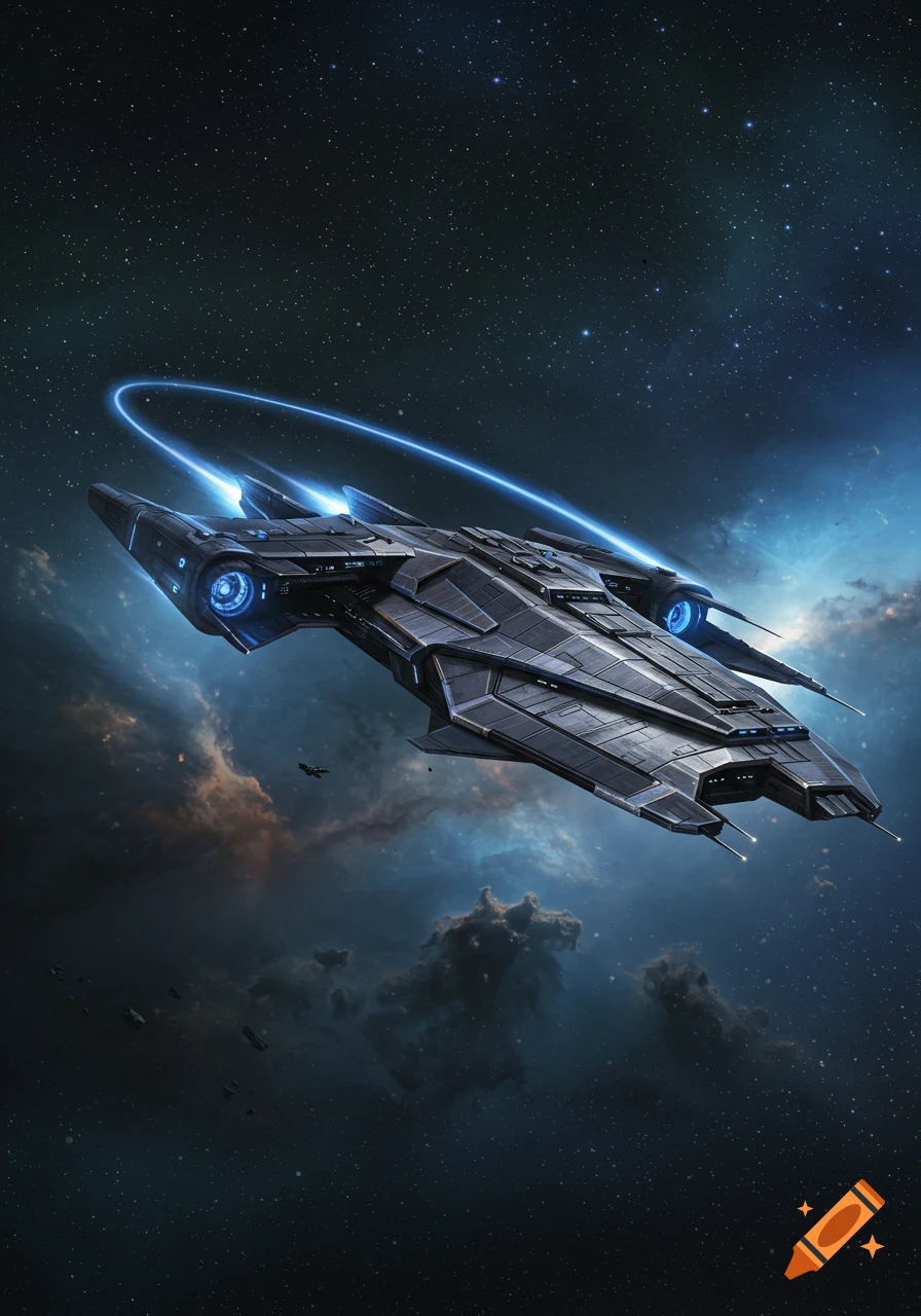 A detailed dark grey spaceship with blue thruster trails flying through ...