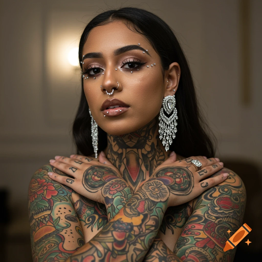 Photorealistic portrait of a woman with full arm and neck tattoos, facial piercings, and large ...