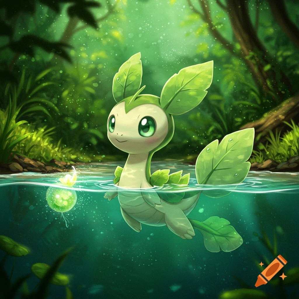 A cute, light green, leaf-eared creature, resembling a seedling and ...