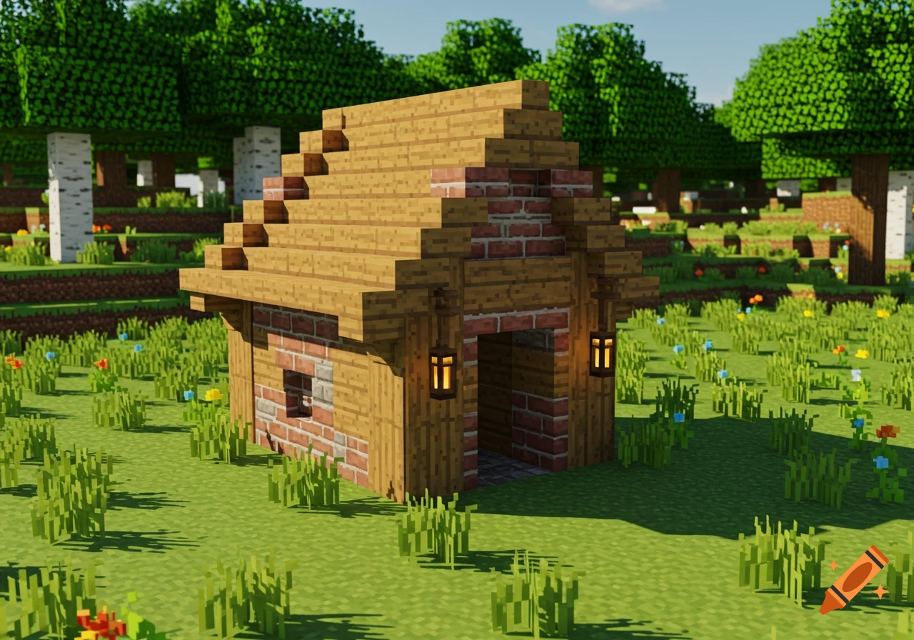 A pixelated, blocky house with a wooden roof and brick walls stands in ...