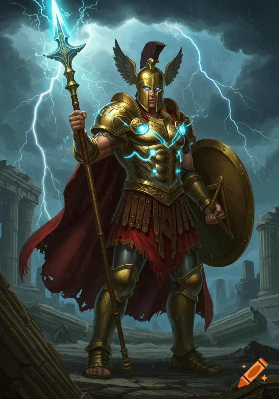 A formidable warrior in golden, glowing armor, with a winged helmet ...