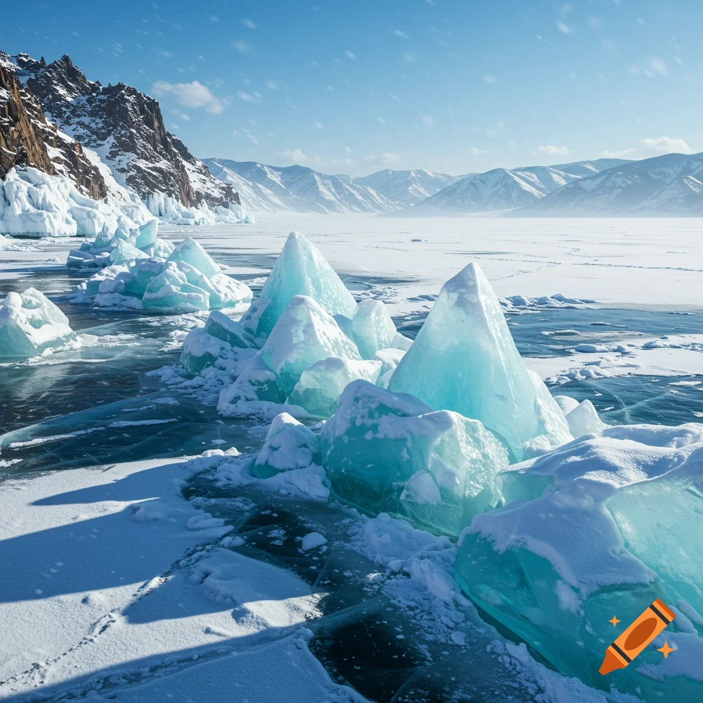 A vast blue ice wall towers over calm water with numerous penguins on ...