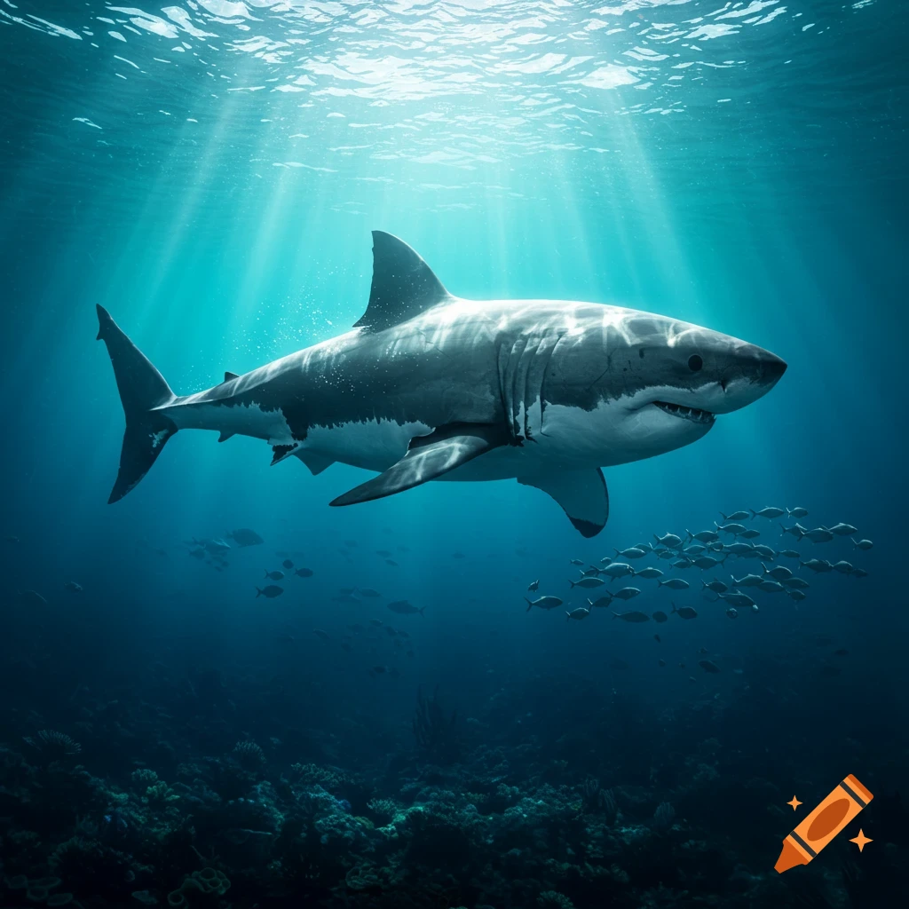 An animated great white shark underwater, pulling a fishing net with ...