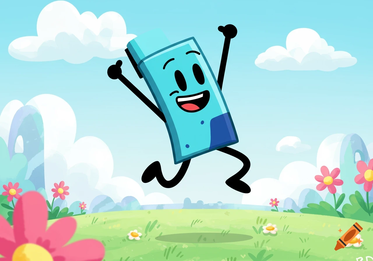 A happy, yellow and blue teardrop-shaped cartoon character with stick ...