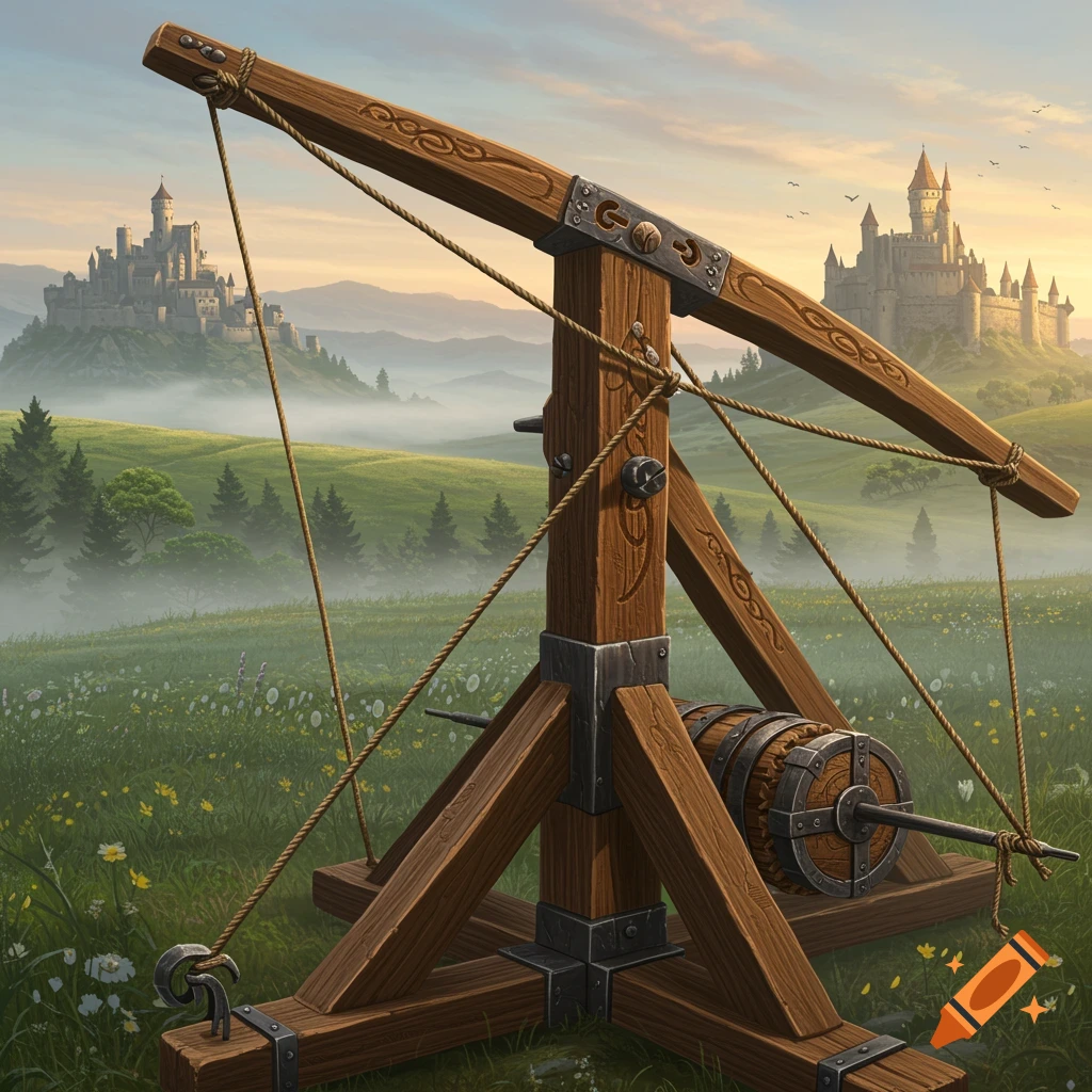 Two large wooden ballistas stand in a sun-dappled, photorealistic ...