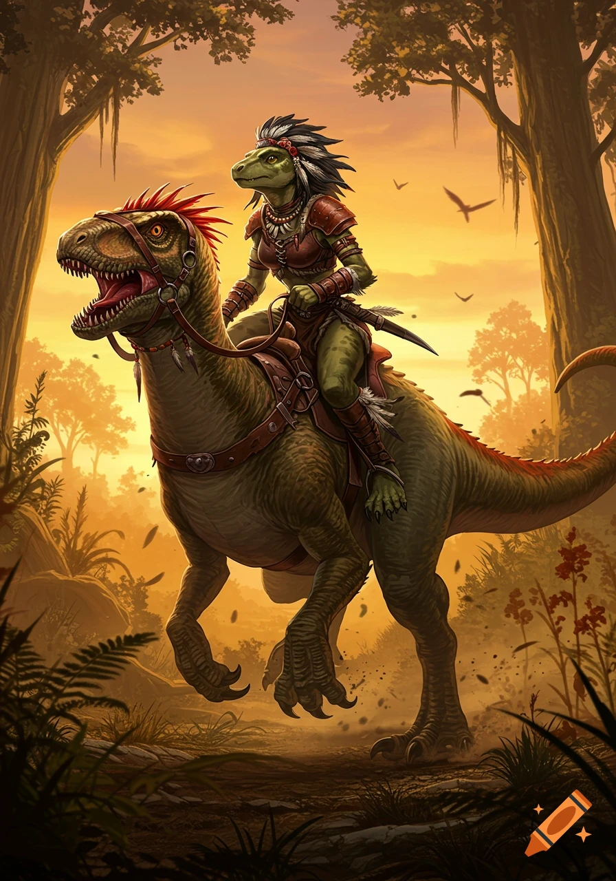 An anthropomorphic dinosaur woman rides a large dinosaur through a ...
