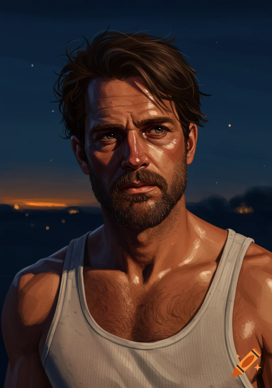 A digital painting of a stern man with dark hair and a beard in a white ...