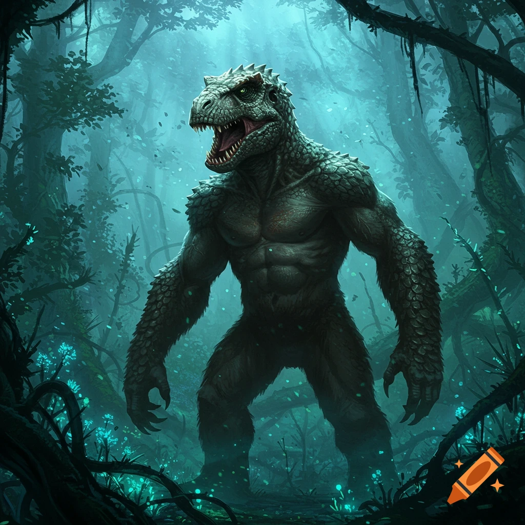 A reptilian humanoid creature with a T-rex head and muscular body stands in a mystical, glowing ...