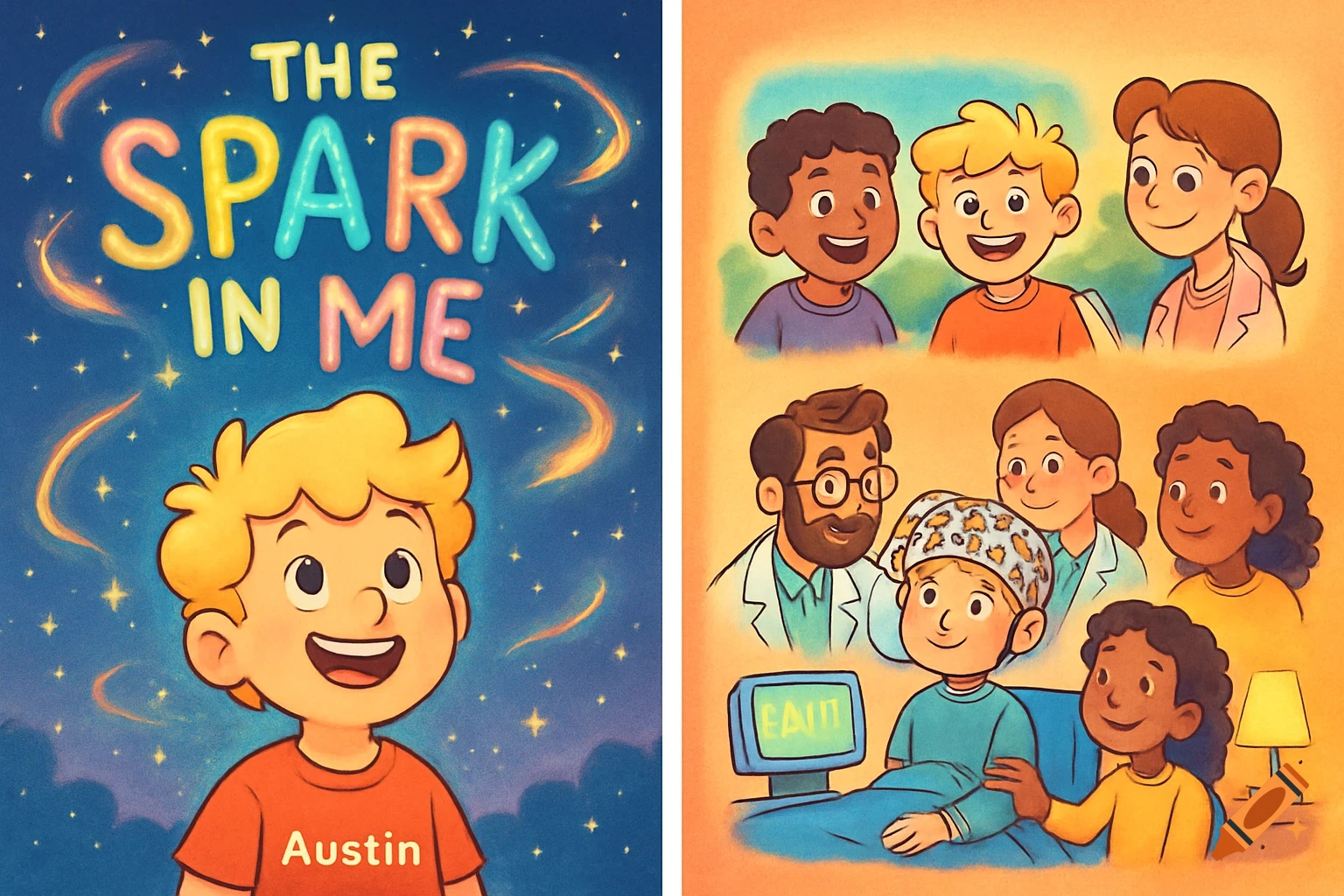 A two-panel cartoon illustration for a children's book. Left: a blonde ...