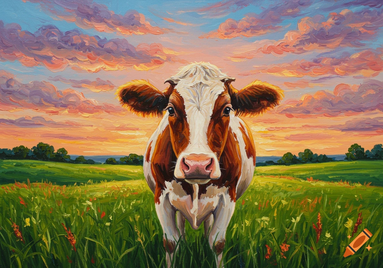 An illustration of a black Angus cow standing in a green grassy field ...