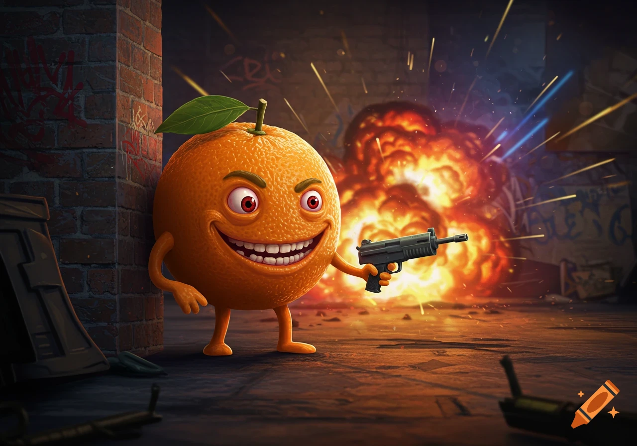 A cartoon orange with a creepy smile and large red eyes holds a ...