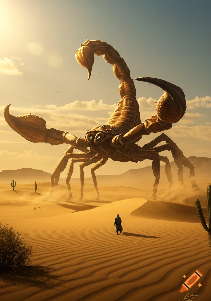 A colossal scorpion looms over a person walking across sunlit sand ...
