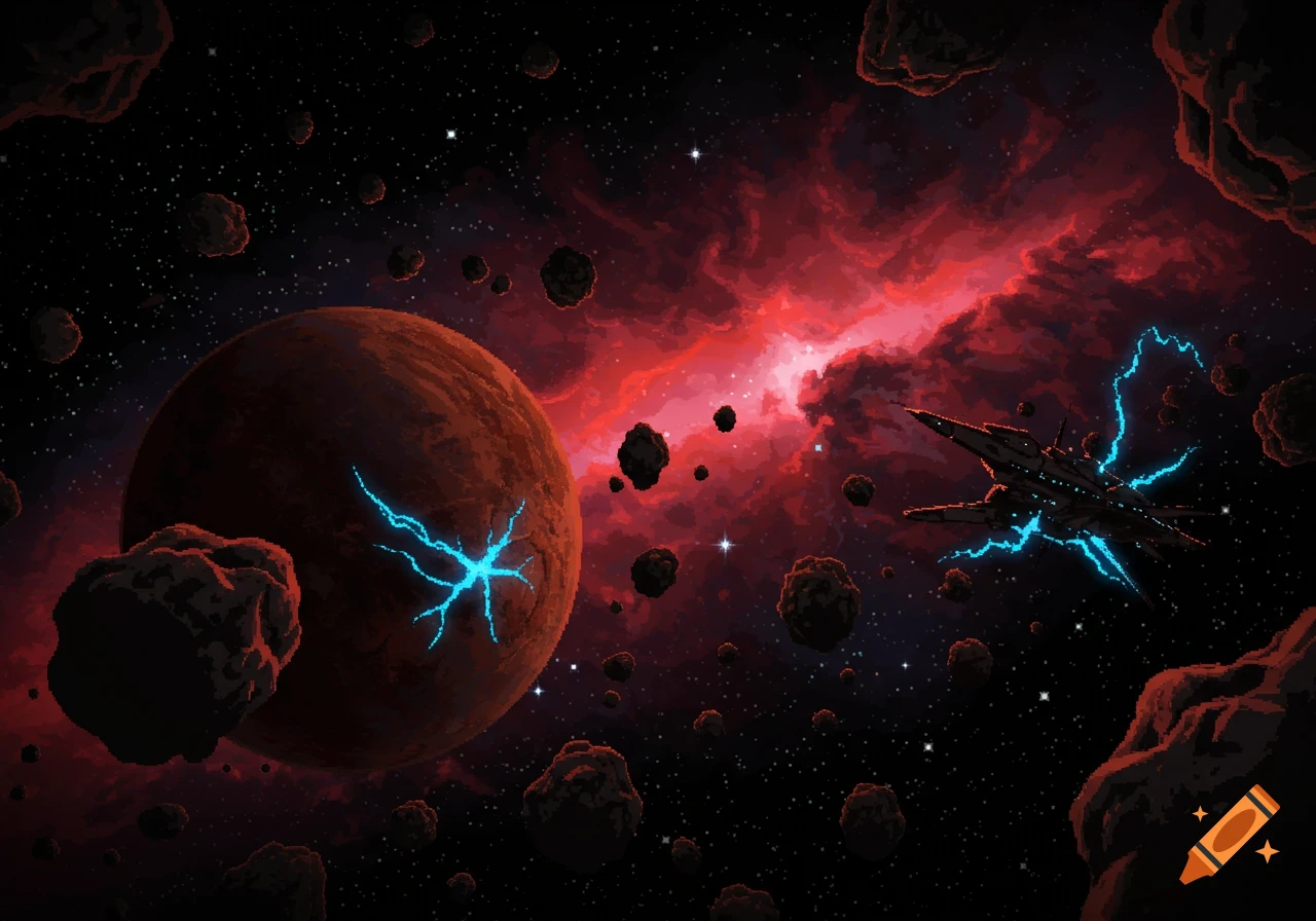 A pixel art space scene with a red planet, a spaceship, asteroids, and ...
