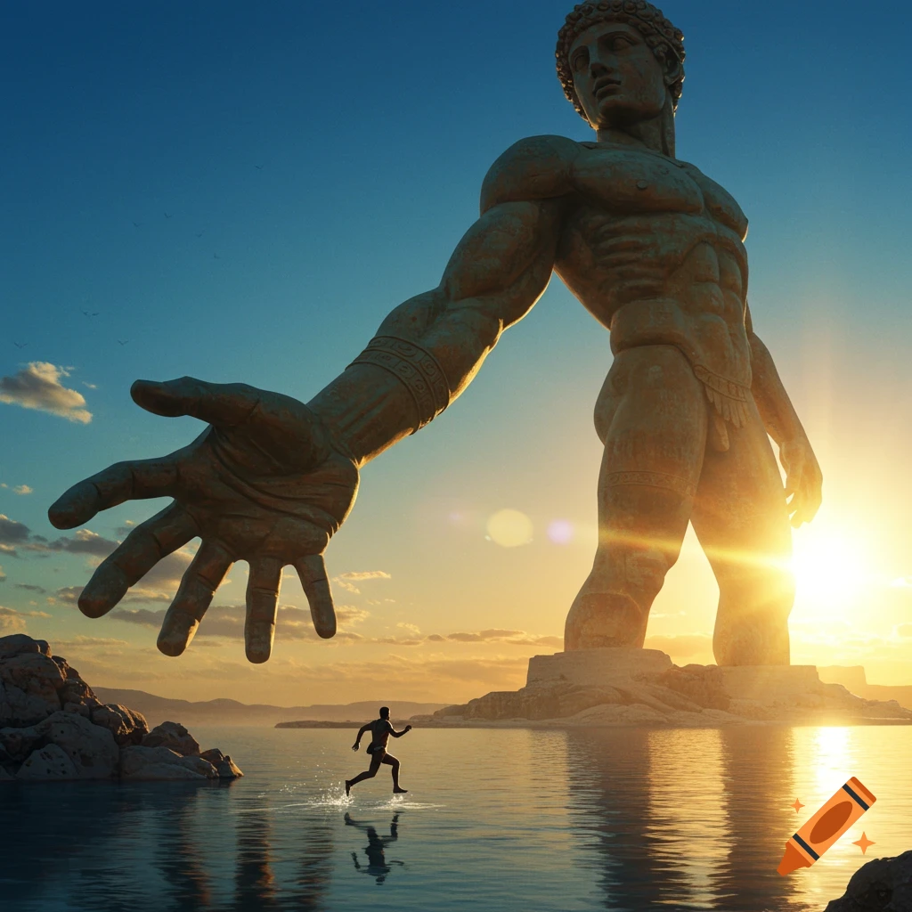 A massive stone statue reaches its hand towards a small man running ...