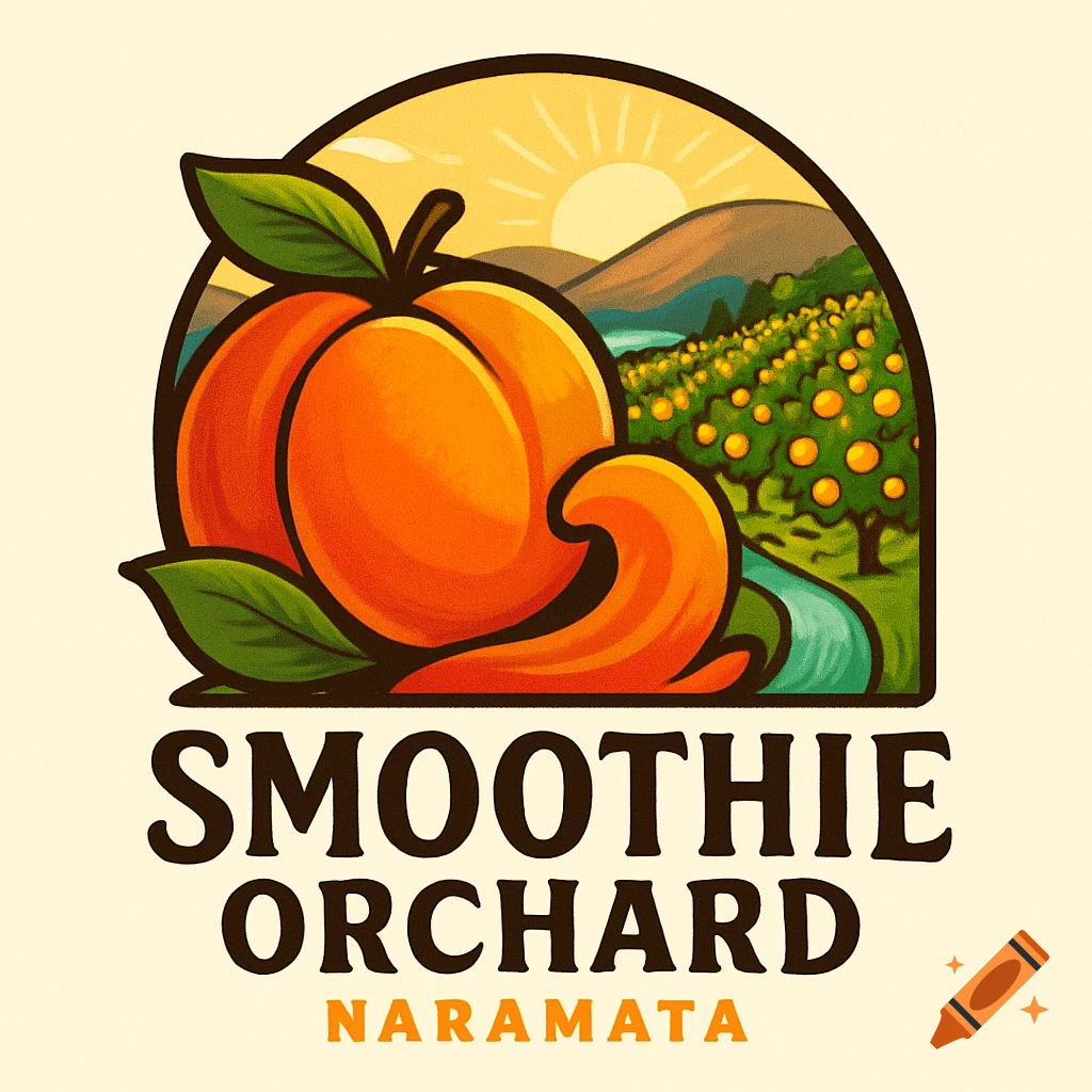 A colorful logo for Smoothie Orchard featuring a large peach, an ...