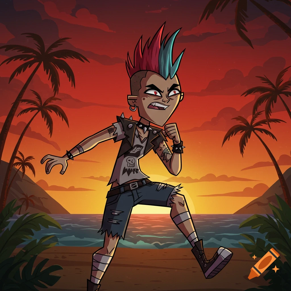 A punk-style cartoon character with a red and blue mohawk, spiked vest ...