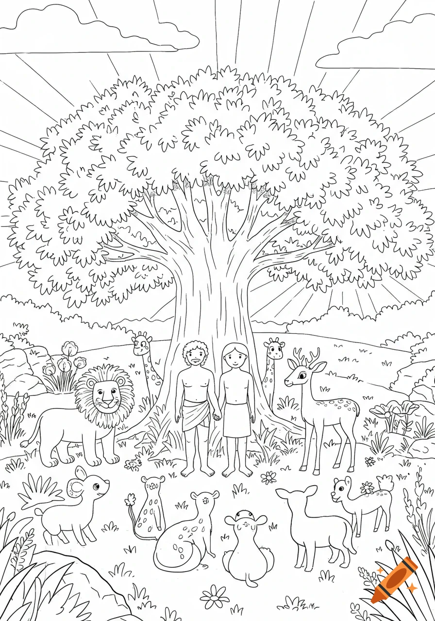 Black and white line drawing of Adam and Eve with various animals and a ...