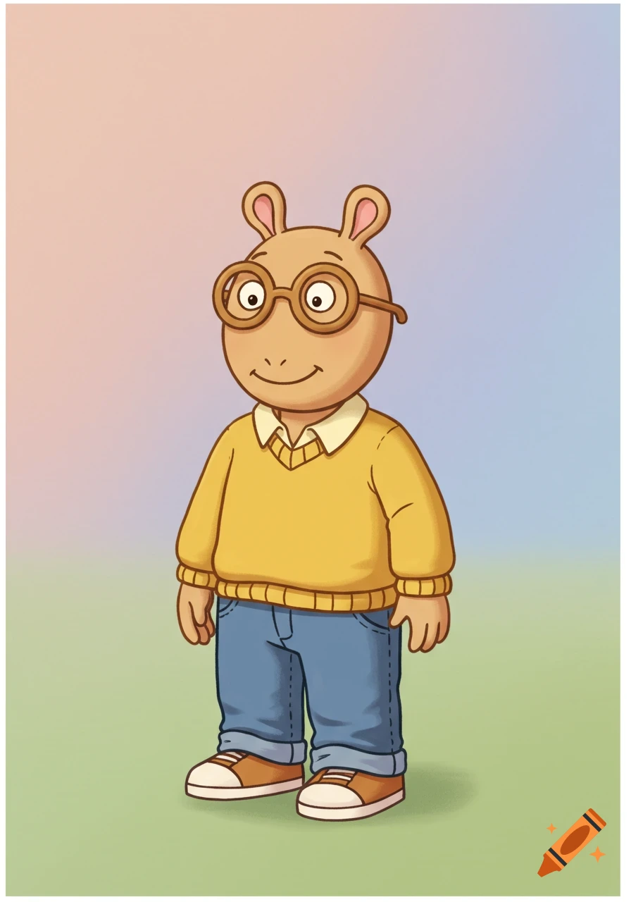 Arthur, the aardvark character from PBS Kids, standing in a yellow sweater and blue jeans ...