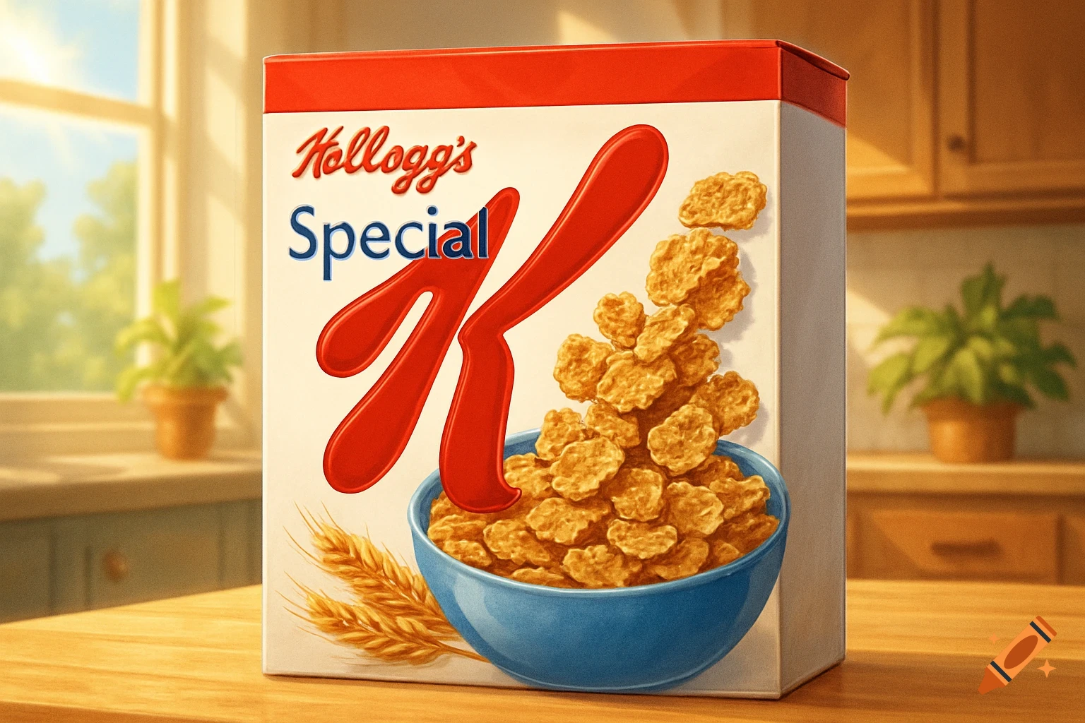 A Kellogg's Special K cereal box sits on a wooden table in a sunlit ...