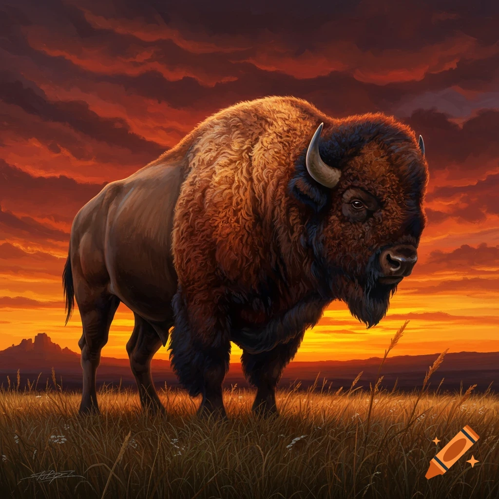 A powerful American Bison stands in a grassy field against a vibrant ...