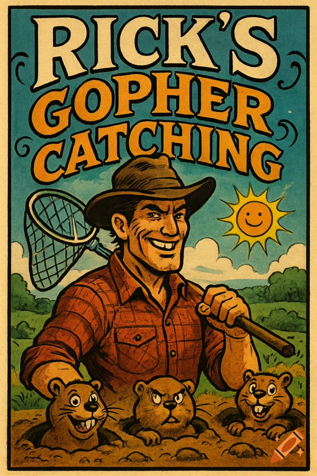 A vintage-style poster titled 'RICK'S GOPHER CATCHING' showing a ...