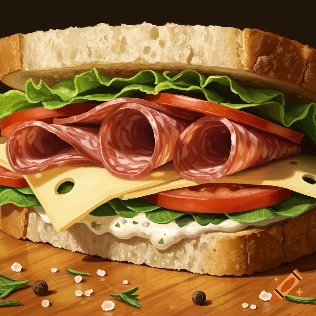 Stylized illustration of an open baguette sandwich with ham, cheese ...
