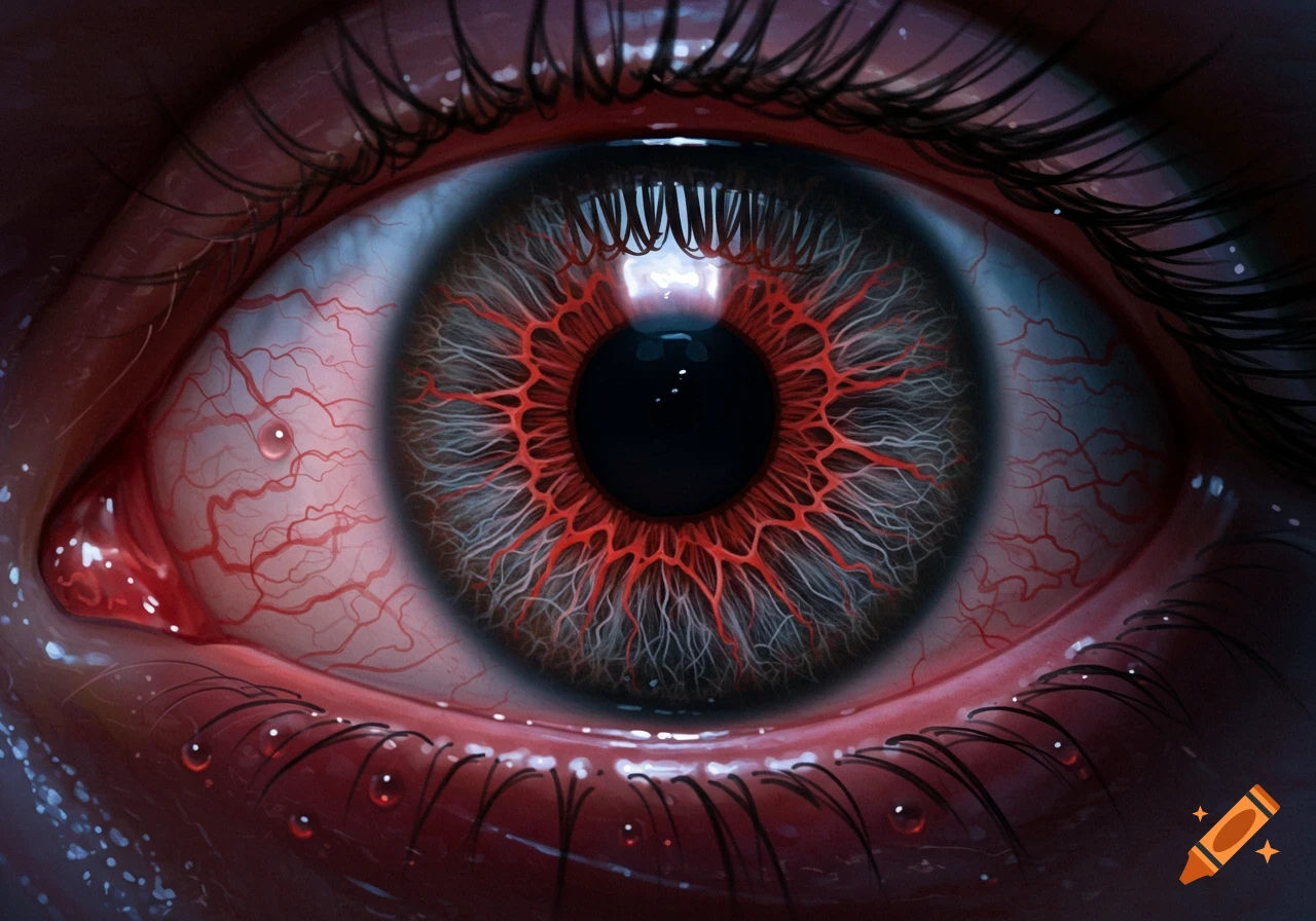 A close-up, highly detailed digital painting of a bloodshot human eye ...