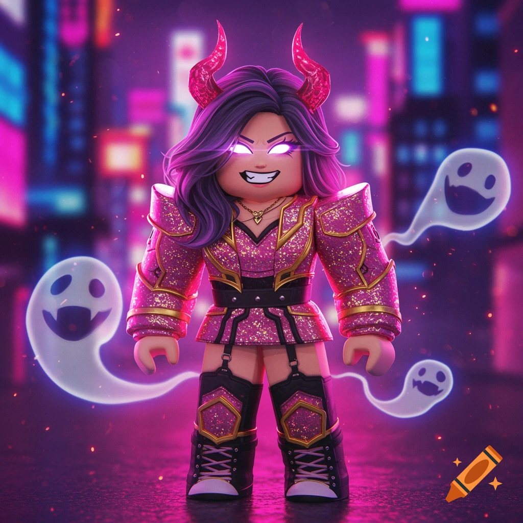 A stylized Roblox avatar with purple hair, pink demon horns, and a ...