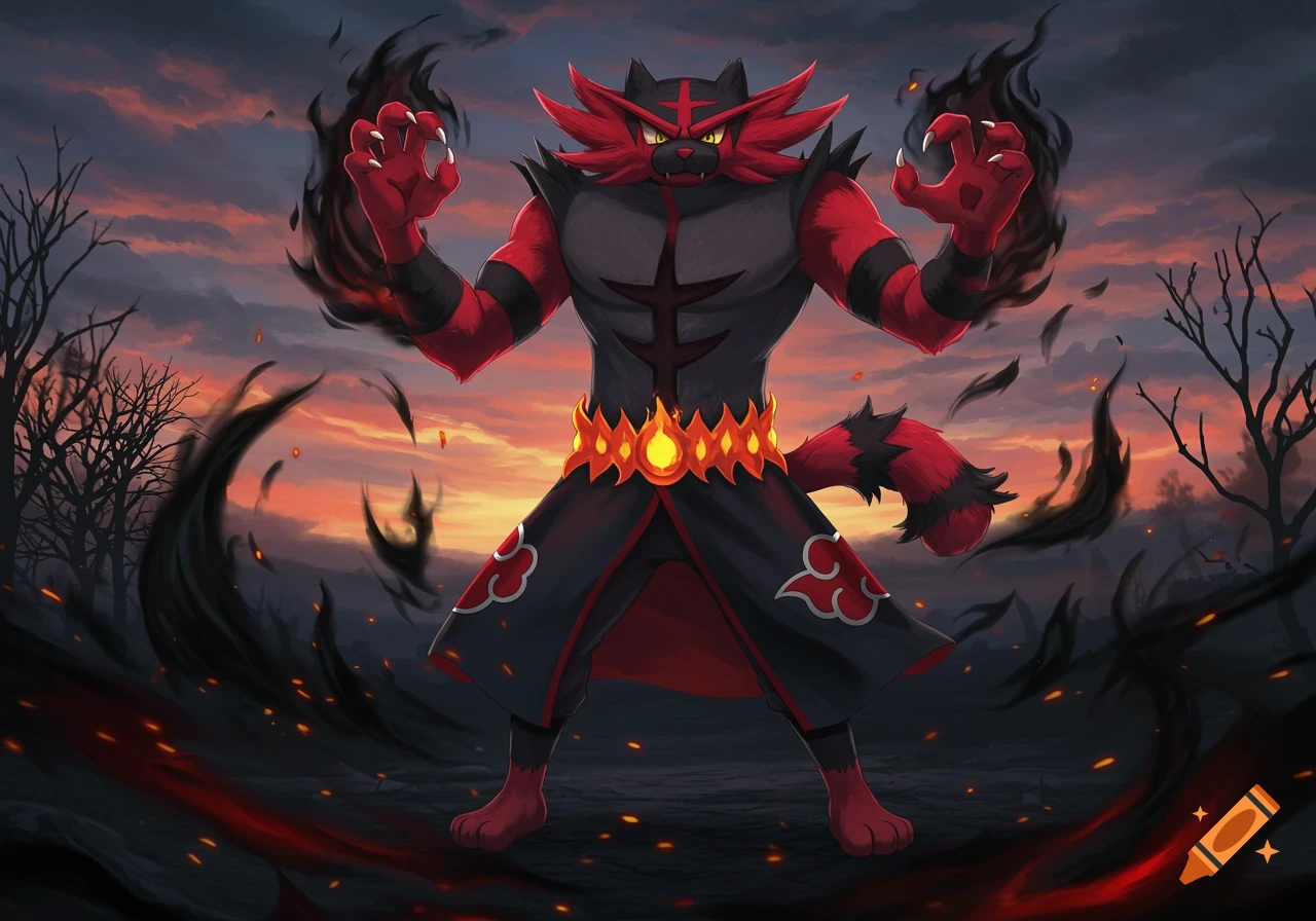 Incineroar, a Pok emon, in an Akatsuki uniform with red clouds ...