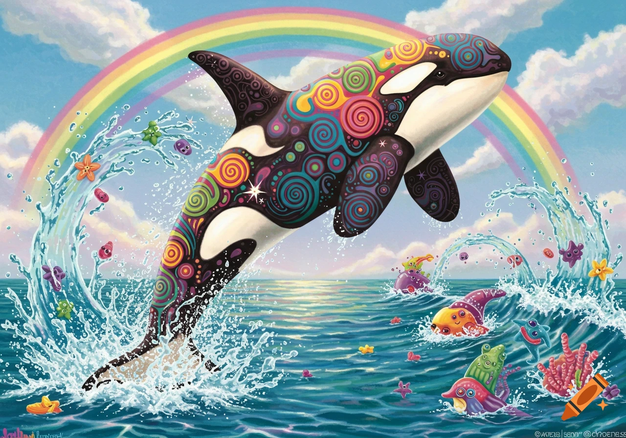 A vibrant, Lisa Frank-inspired orca, covered in colorful swirls, leaps ...