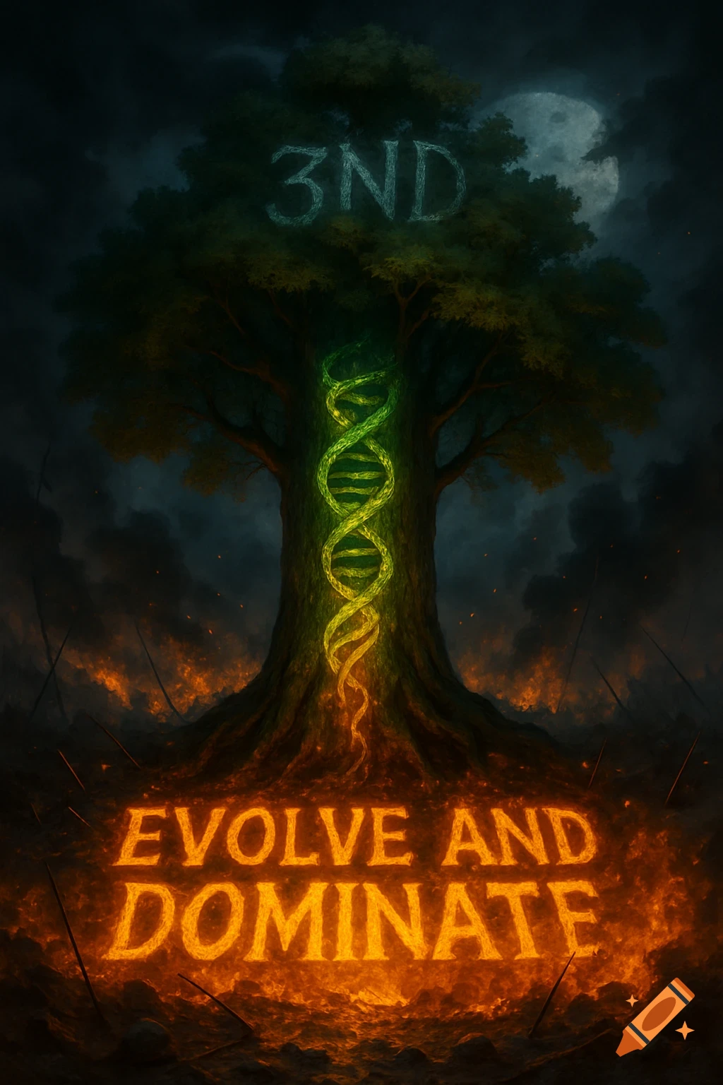 A mystical tree with a glowing DNA helix on a fiery battlefield, with ...